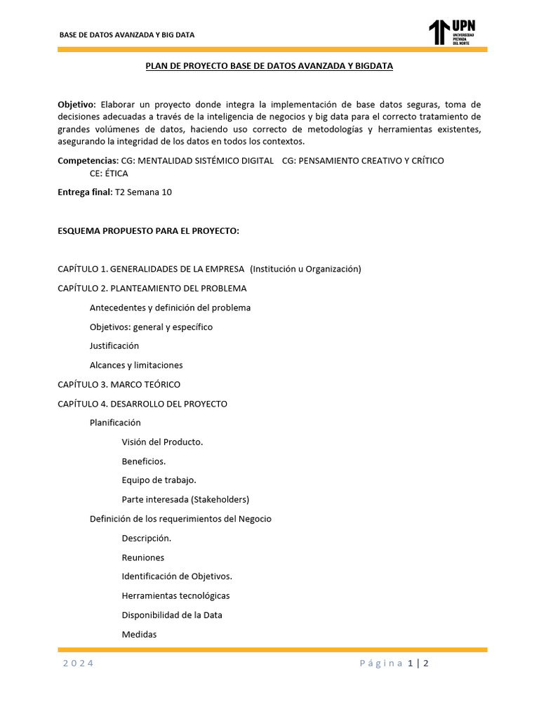 Plan de Proyecto Base de Datos Avanzada y Bigdata | PDF | Big Data | Diseño