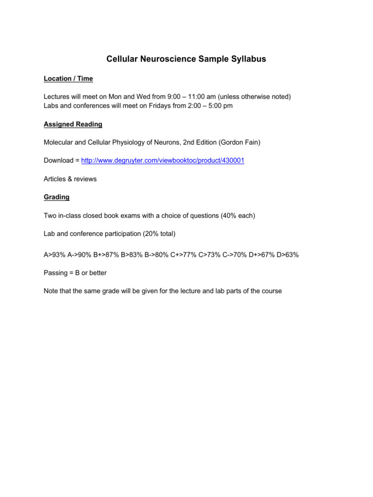 Cellular Neuroscience Course Syllabus | PDF | Synapse | Chemical Synapse