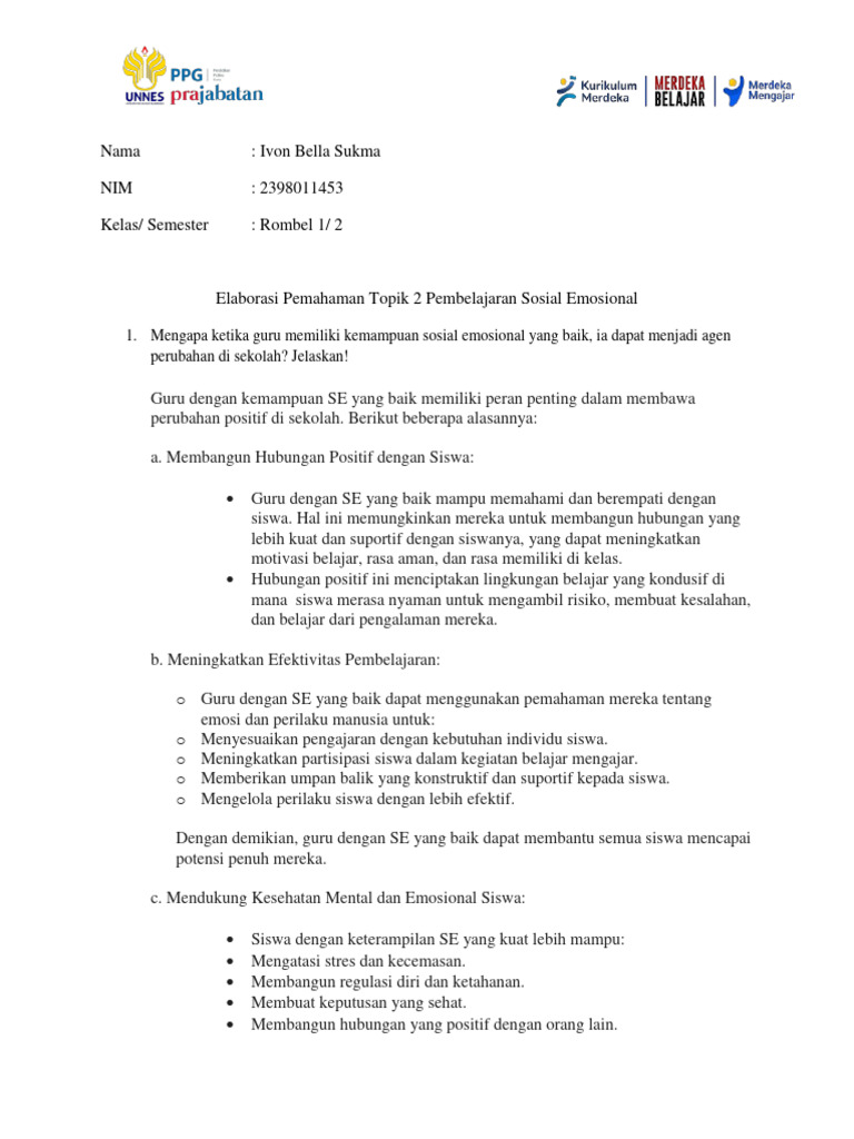 Elaborasi Pemahaman Topik 2 Pembelajaran Sosial Emosional Ivon Bella Sukma | PDF | Karier ...
