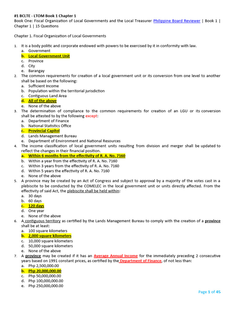 BCLTE Reviewer: Local Government Finance | PDF | Appropriations Bill ...