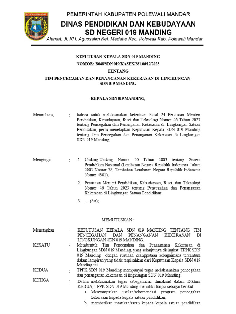 Lampiran 2 - Contoh SK Kepala Satuan Pendidikan Pembentukan TPPK (File ...