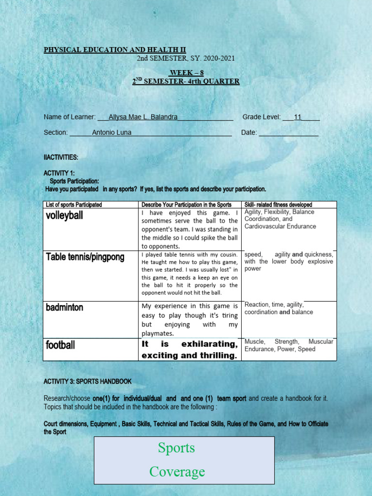 PE & Health II: Sports Participation | PDF | Table Tennis | Swimming ...