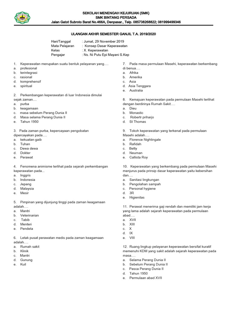 SOAL ULANGAN UMUM Konsep Dasar XKep | PDF