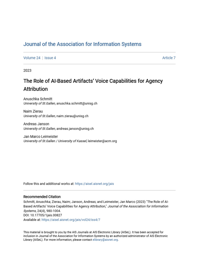 The Role of AI-Based Artifacts Voice Capabilities for Agency Att | PDF | Human–Computer ...