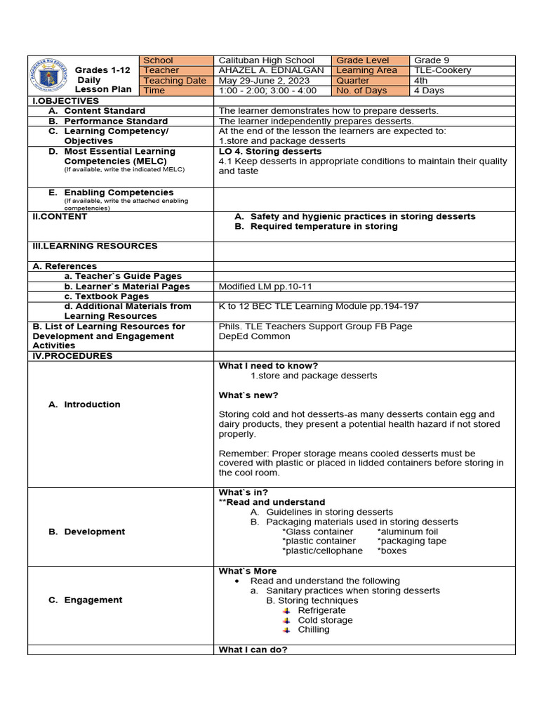 Cot2 Cookery 9 2022-2023 | PDF | Learning | Teachers