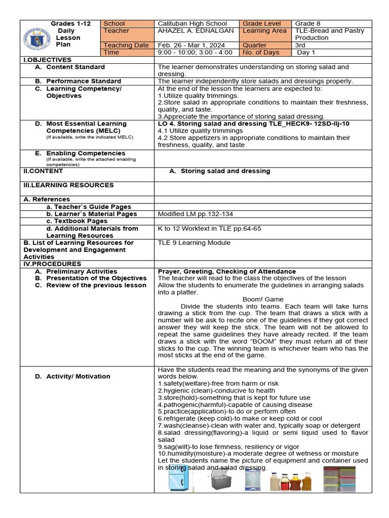 Cot3 BPP-8 2023-2024 | PDF | Vegetables | Salad