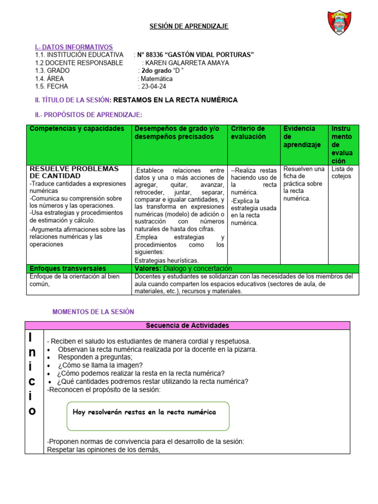Restamos en La Recta Numerica | PDF | Aprendizaje | Evaluación