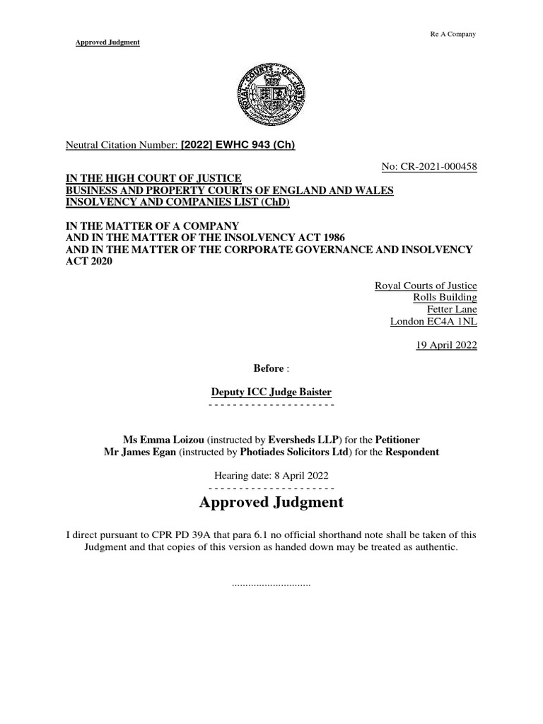 Re A Company (2022) EWHC 943 (CH) | PDF | Lease | Burden Of Proof (Law)