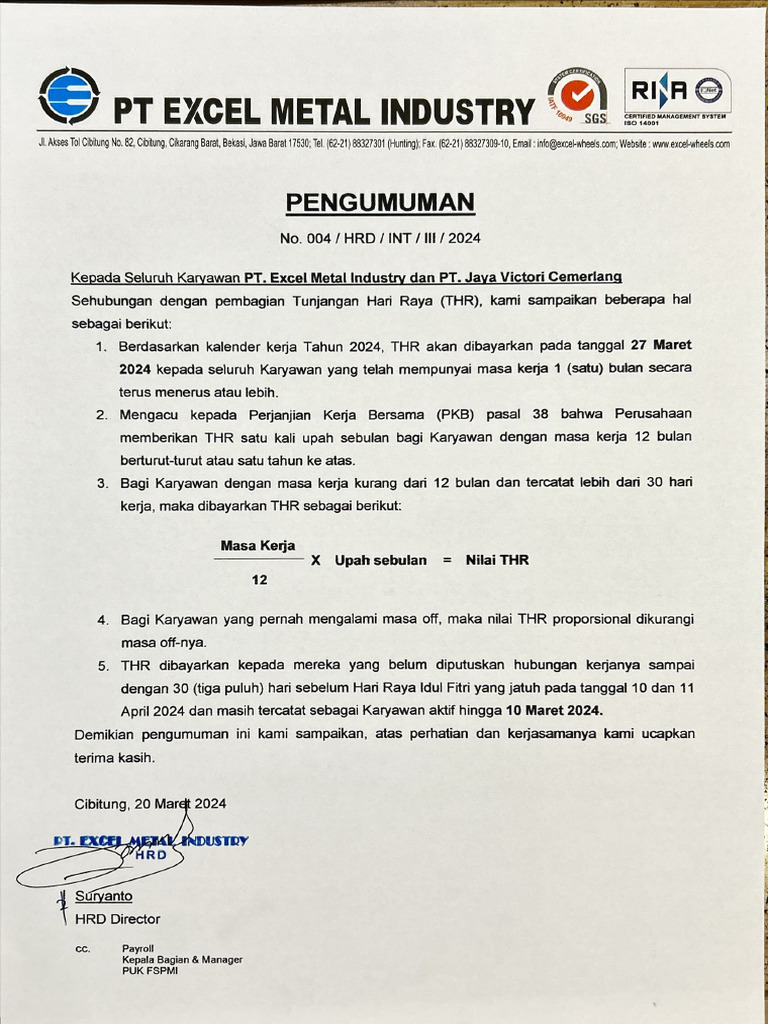 Pengumuman THR 2024 | PDF