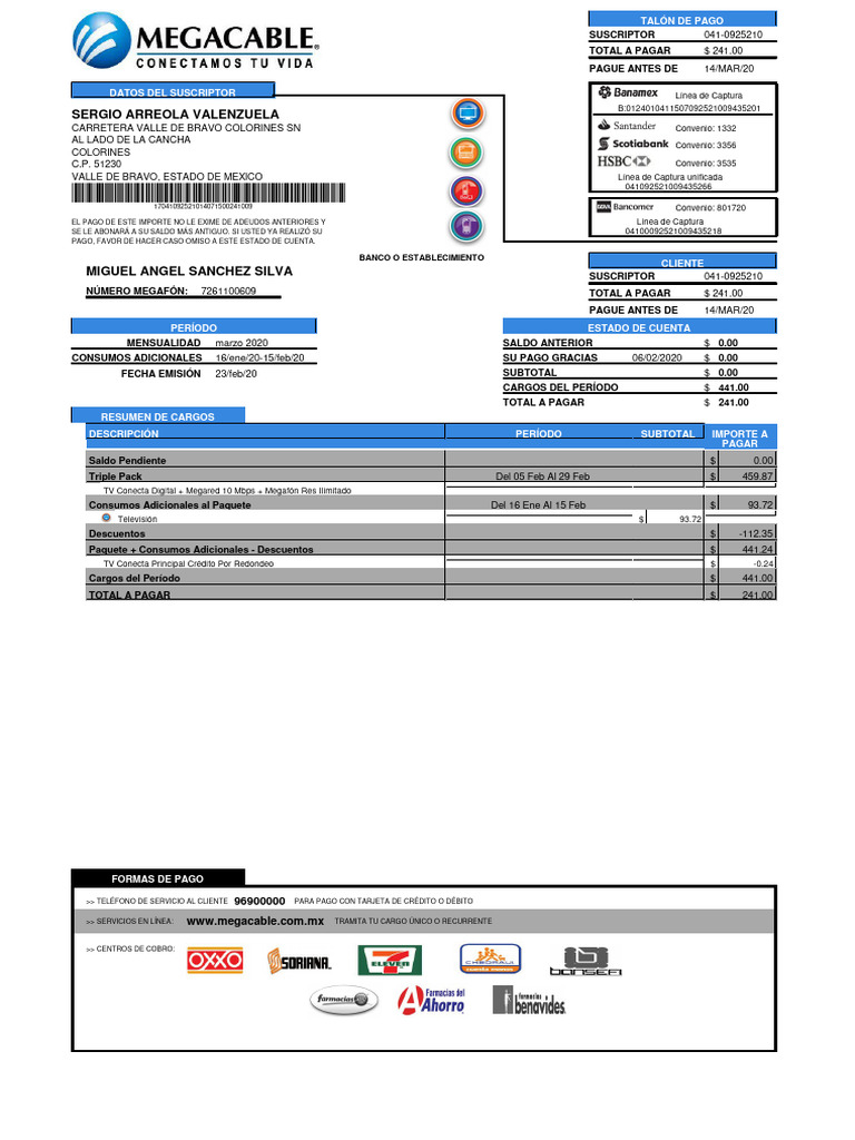Comprobante Megacable | PDF | Tarjeta de crédito | Tarjeta de débito