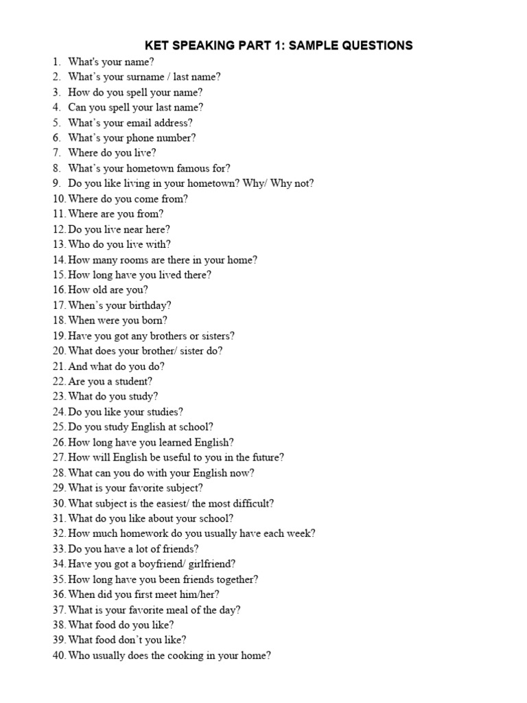 KET SPEAKING PART 1 - Questions | PDF | Lunch | Eating Behaviors Of Humans
