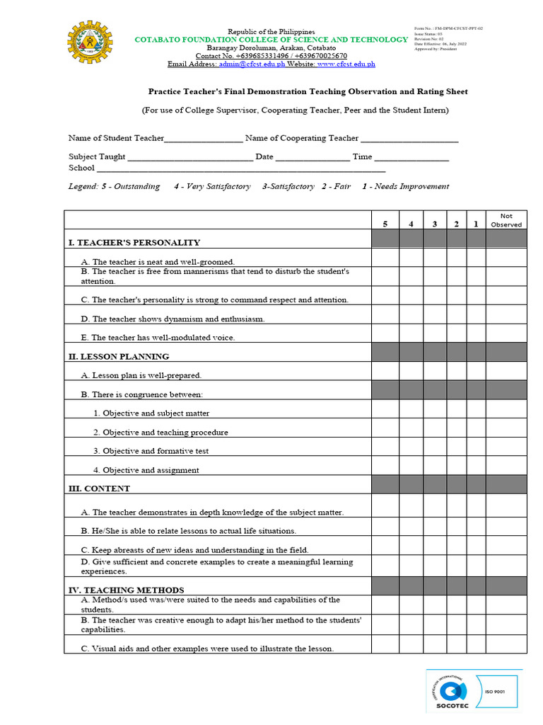 Observation Sheet 1 | PDF | Teachers | Lesson Plan