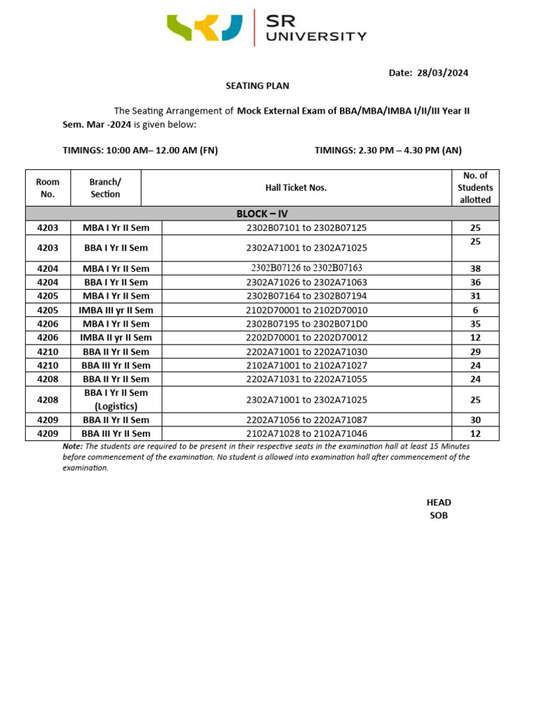 Seating Plan of Mock External Exams SOB | PDF