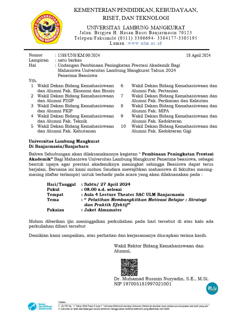 Surat Pembinaan Peningkatan Prestasi Akademik 2024 Khusus Penerima Beasiswa - 27 April 2024 | PDF