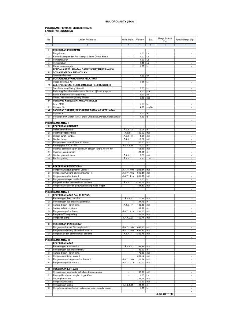 Rincian Bill of Quantity Renovasi | PDF
