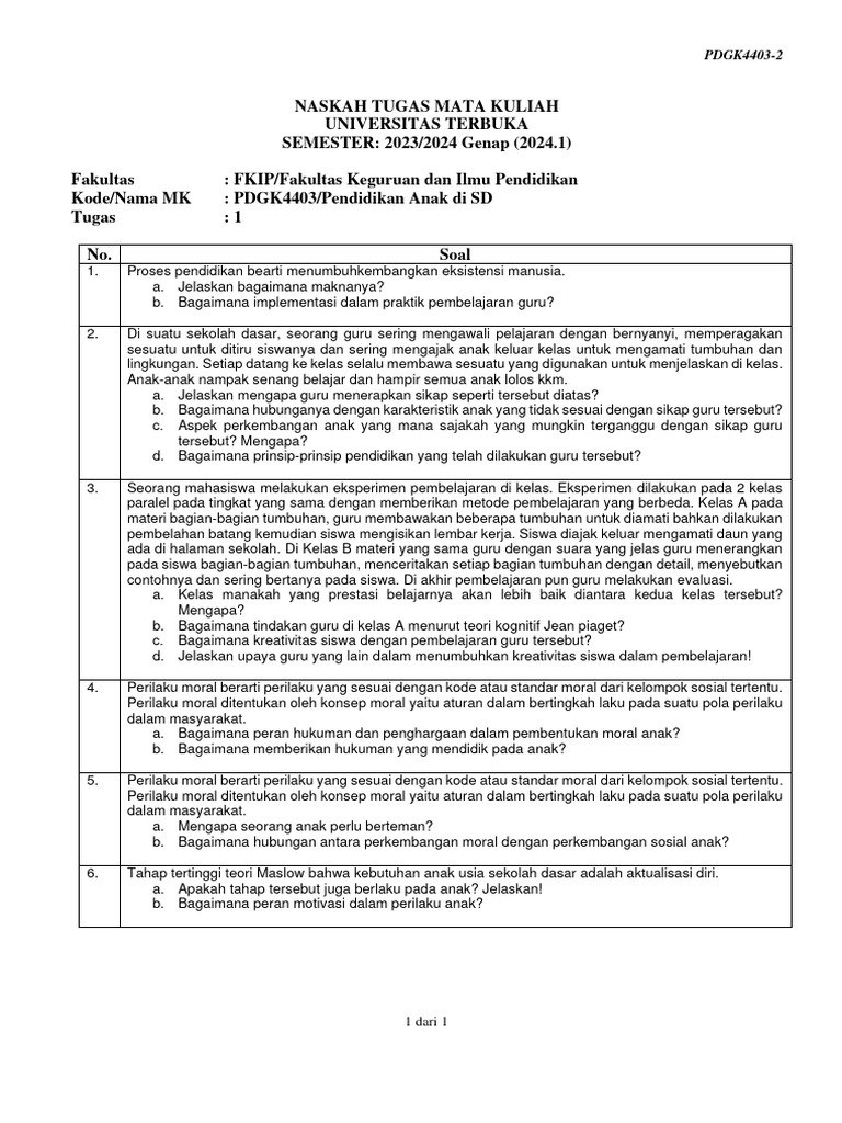 Soal TMK Pend Anak Di SD | PDF