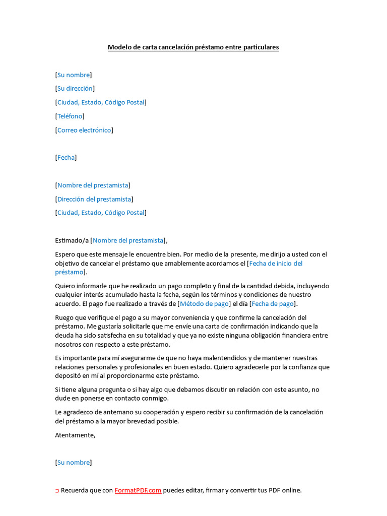 Modelo de Carta Cancelacion Prestamo Entre Particulares | PDF