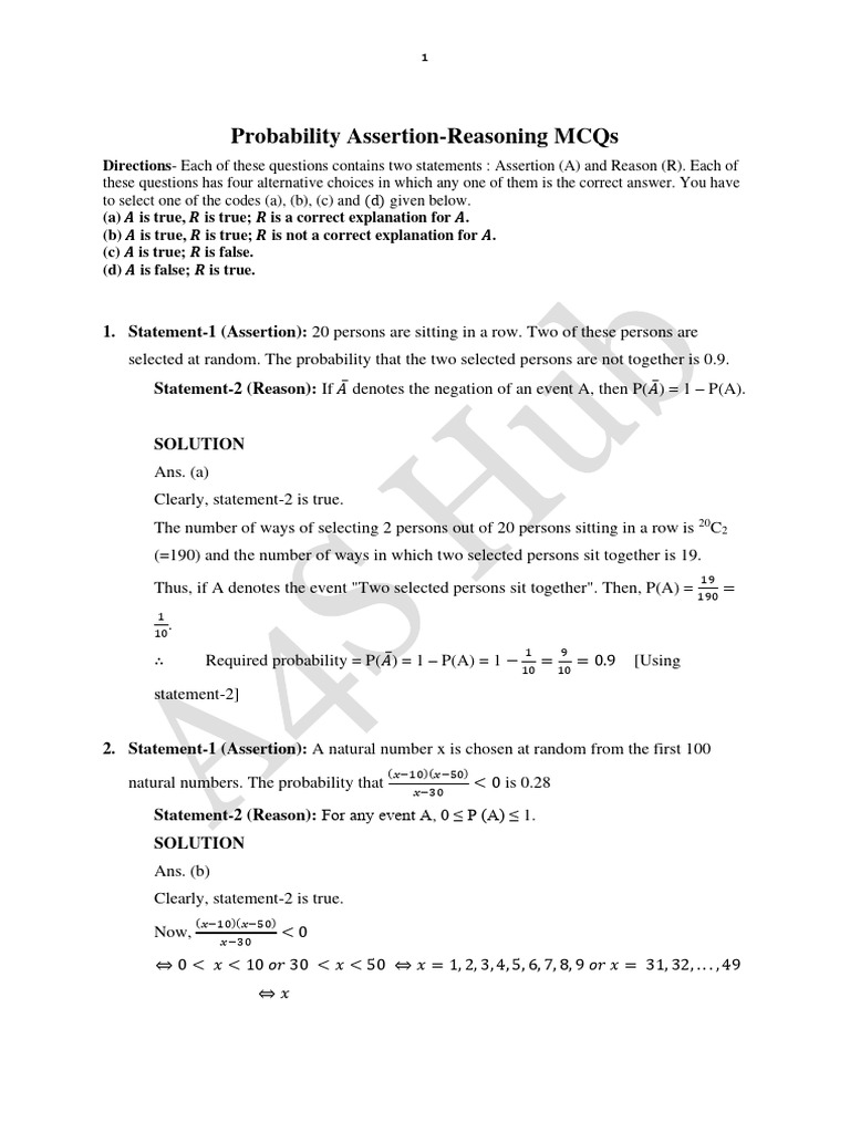 Probability Assertion-Reasoning Mcqs | PDF | Logic