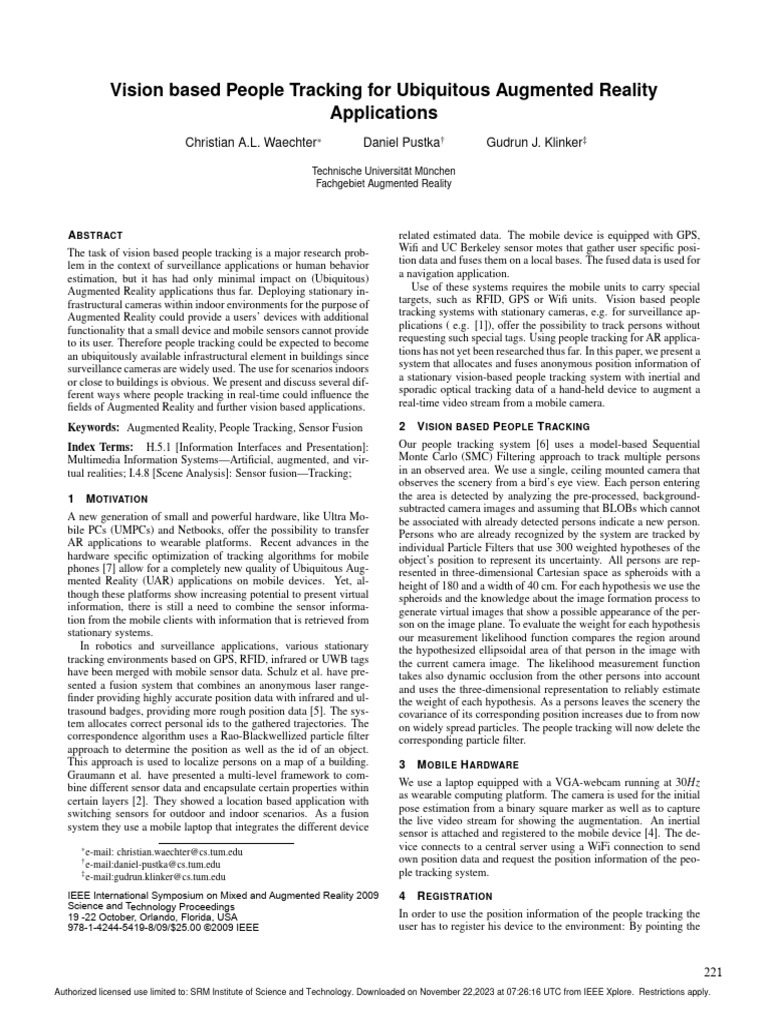 Vision Based People Tracking For Ubiquitous Augmented Reality Applications | PDF | Augmented ...