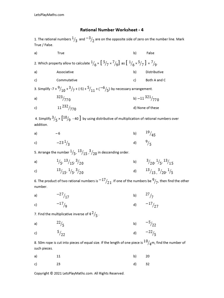 Rational Numbers Worksheet-4 | PDF | Multiplication | Rational Number
