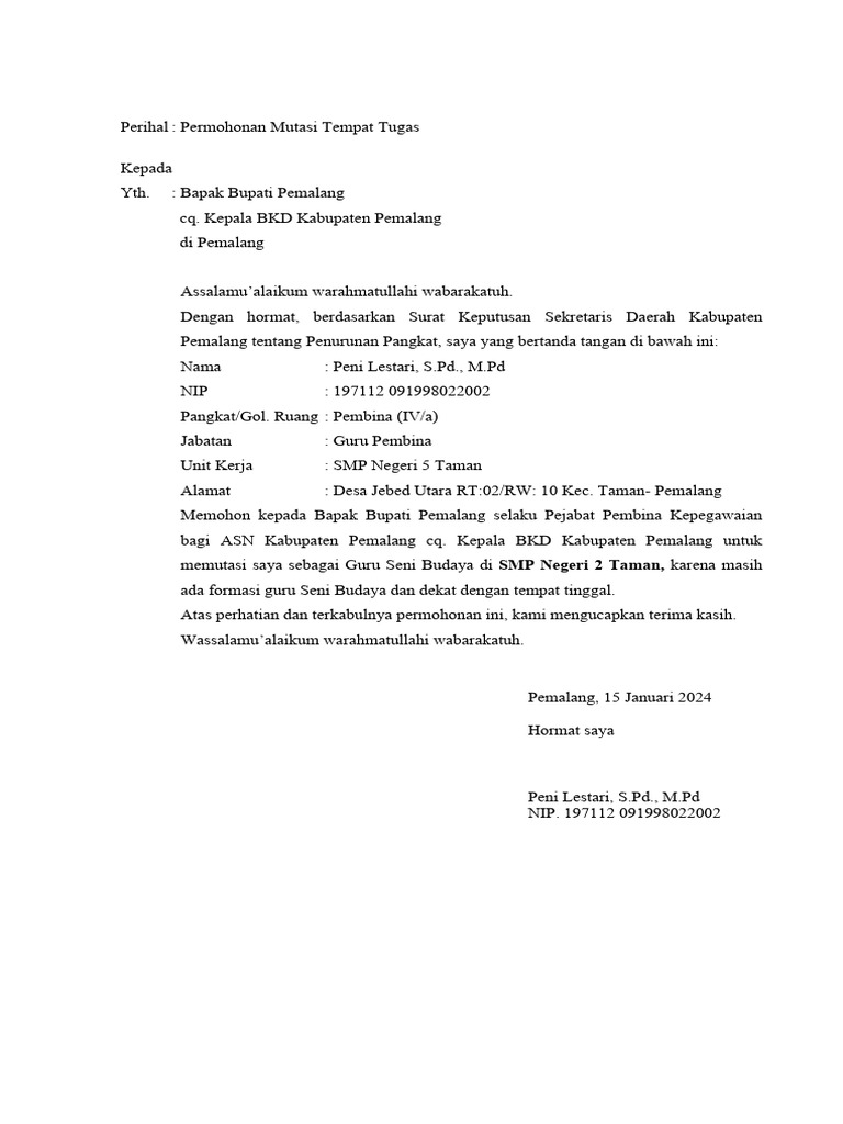 Permohonan Mutasi Guru Pemalang | PDF