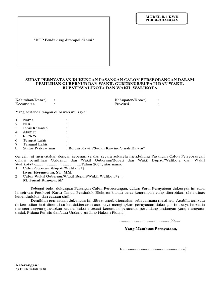 Surat Pernyataan Dukungan Paslon | PDF | Politik