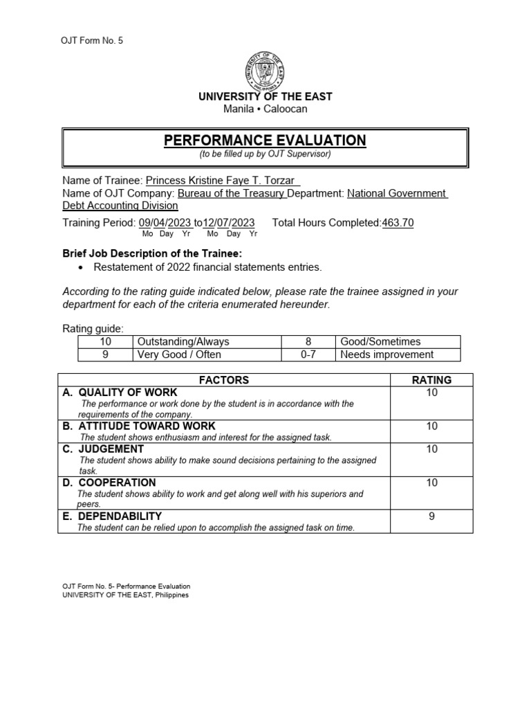 OJT Performance Evaluation for Trainee | PDF | Performance Appraisal ...