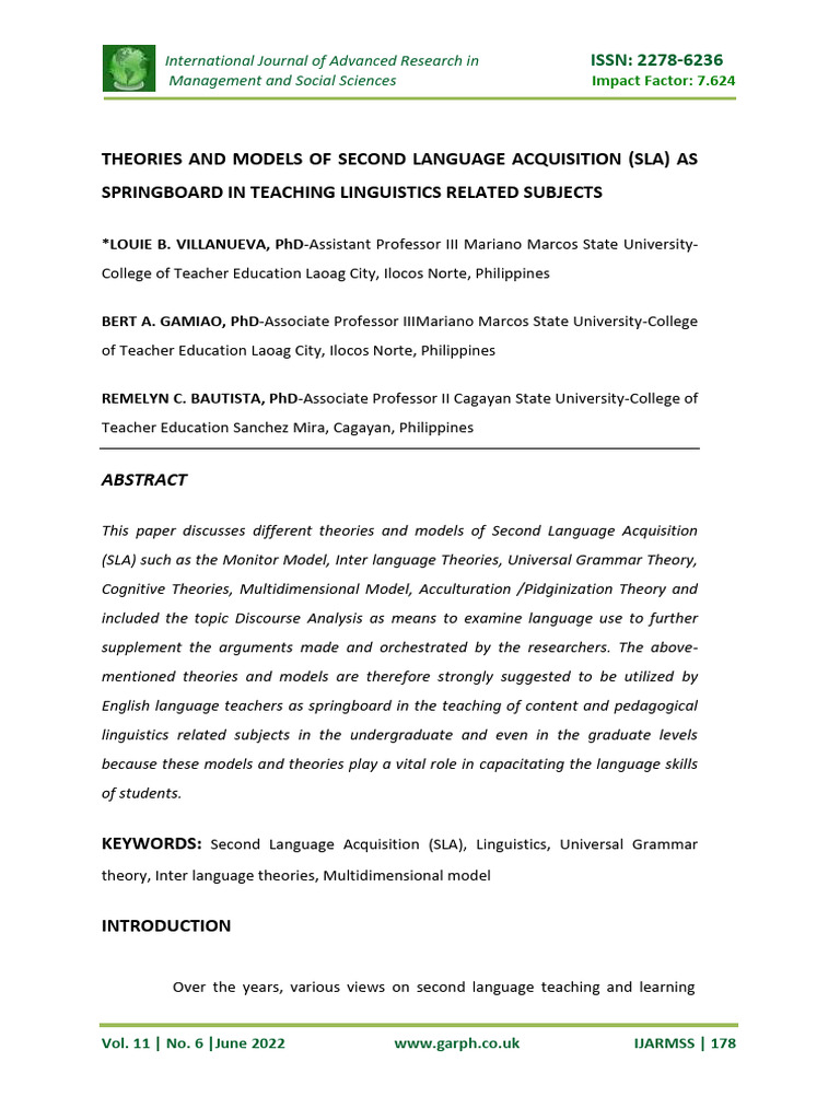 Theories and Models of Second Language Acquisition (Sla) As Springboard in Teaching Linguistics ...
