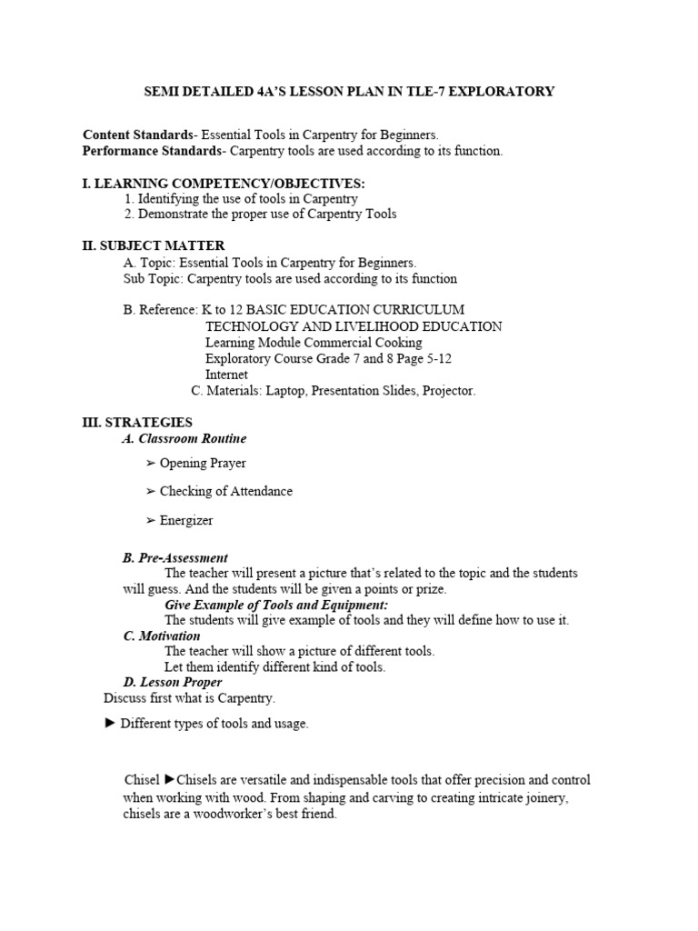 NICDAOSemi Detailed 4A S Lesson Plan TLE CARPENTRY (NICDAO) | PDF ...