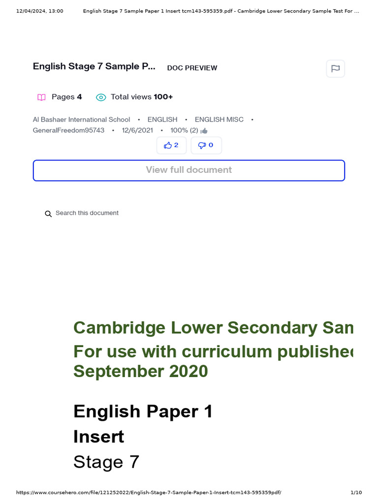 English Paper 1 Insert: Stage 7 | PDF
