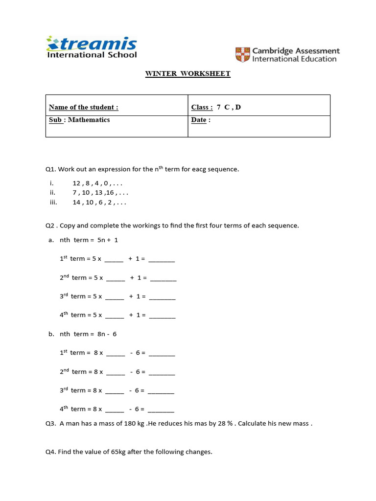 G7- Math- Winter worksheet | PDF