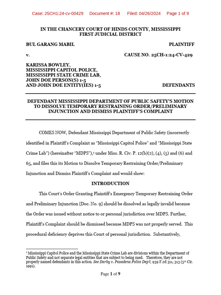 Dau Mabil 18 DPS Motion To Dismiss | PDF | Complaint | Injunction
