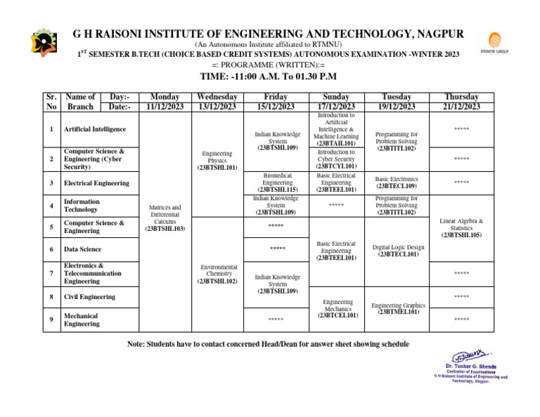 1st Sem B.Tech Time Table Winter 2023 | PDF | Engineering | Computer Science