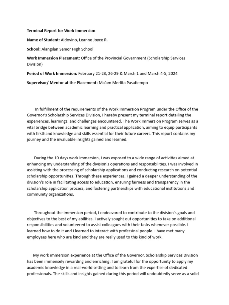 Terminal Report for Work Immersion | PDF | Experience | Cognition