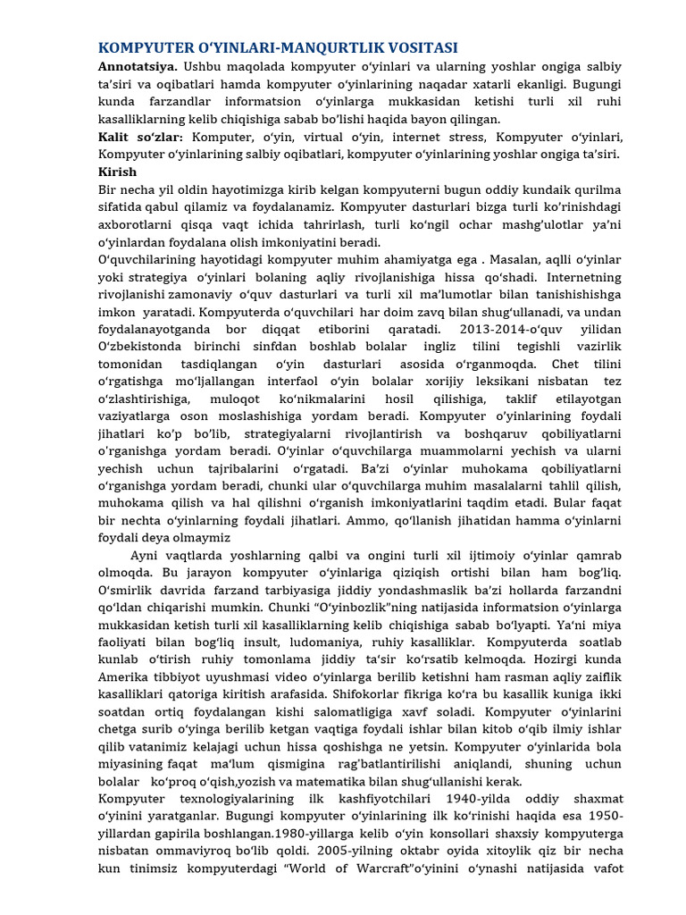 Kompyuter O Yinlari-Manqurtlik Vositasi | PDF