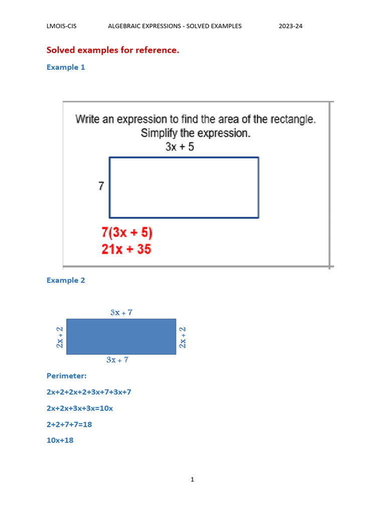 Algebraic Expressions For Area and Perimeter - Solved Examples | PDF ...