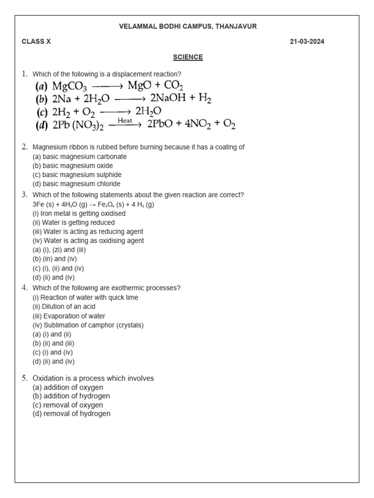 Class X Science 21-03-2024 | PDF | Chemical Reactions | Redox