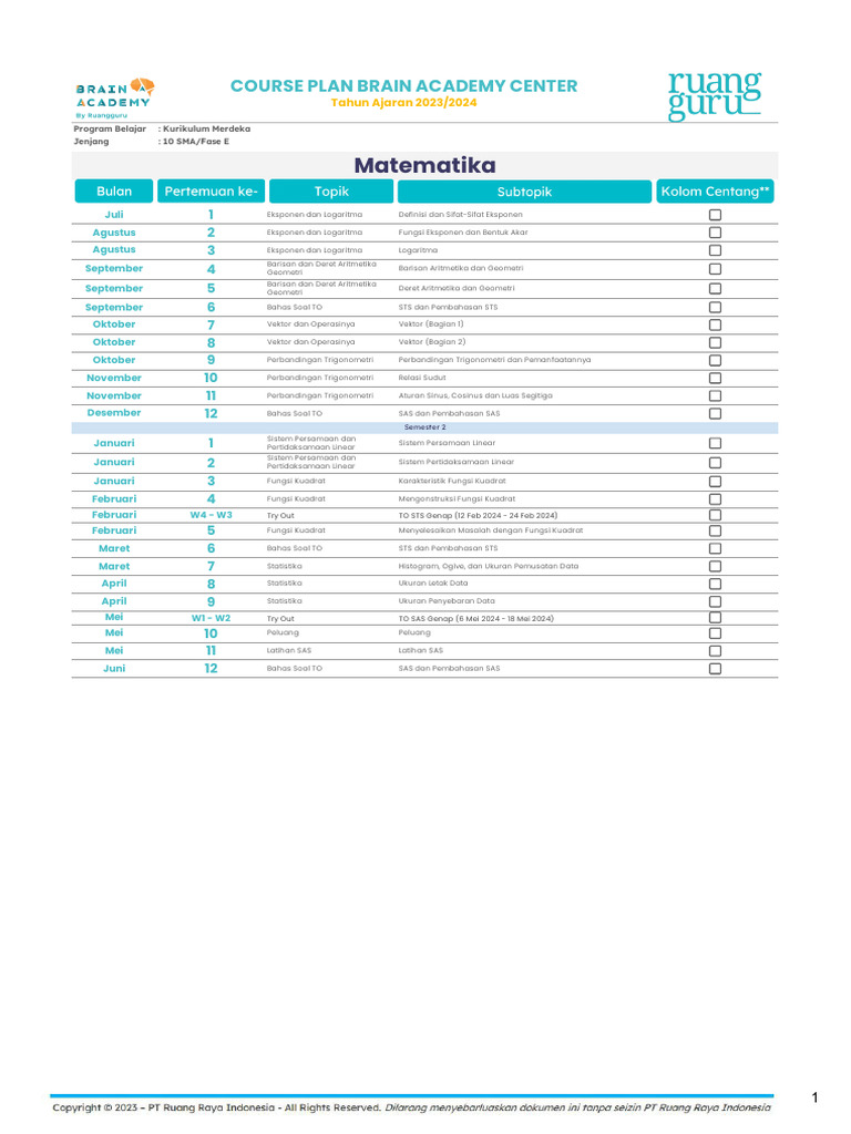 Course Plan - 10 SMA Kurikulum Merdeka (BAC Reguler) | PDF