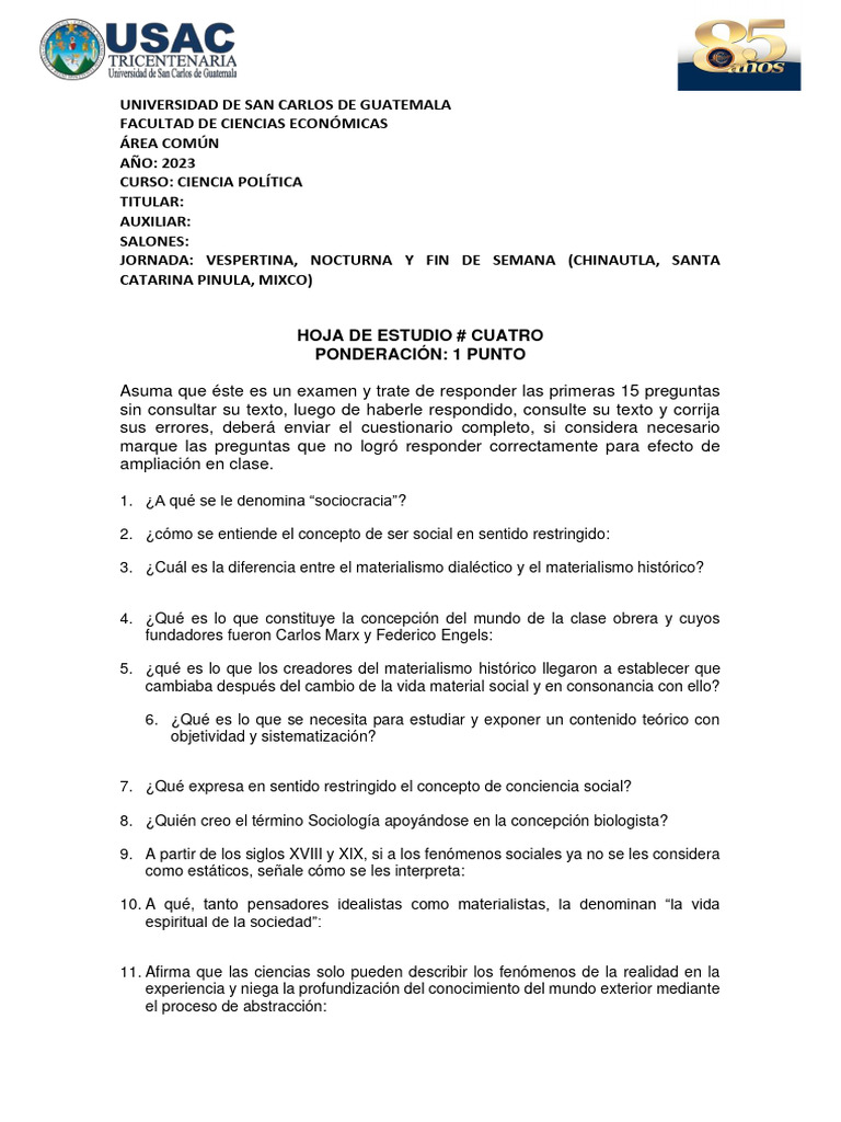 Guia de Estudio # 4 Año 2023 | PDF | Sociología | Materialismo