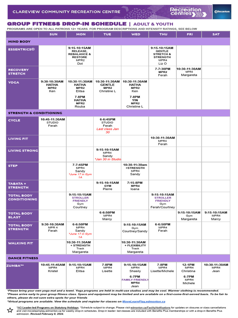 Clareview - Drop-In Group Fitness Schedule (Adult Family Youth) | PDF ...