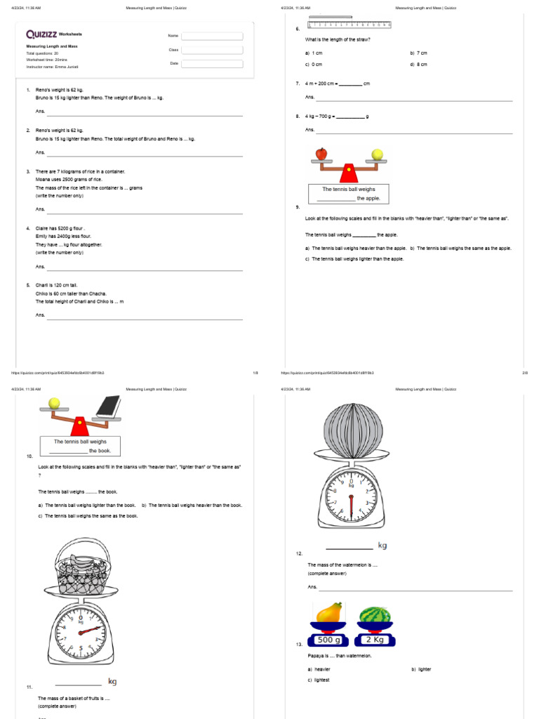 Length and Mass Worksheets for Kids | PDF | Weight | Kilogram