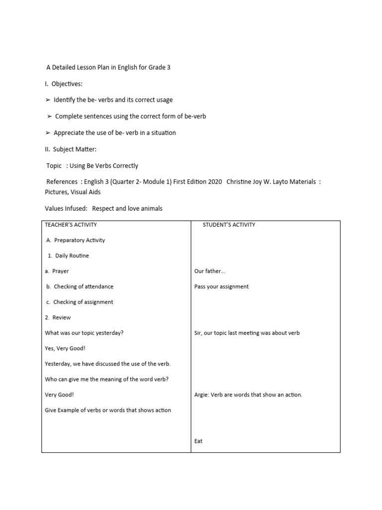 Grade 3 Lesson Plan: Be Verbs Usage | PDF | English Language | Verb