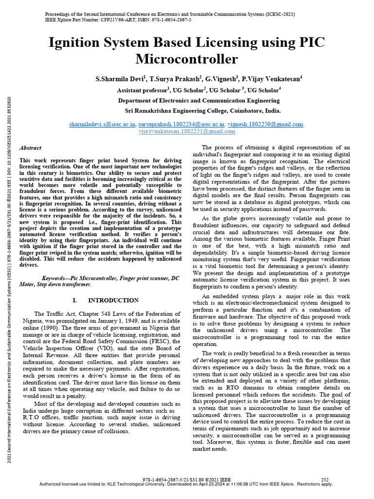 Ignition System Based Licensing Using PIC Microcontroller | PDF | Fingerprint | Biometrics