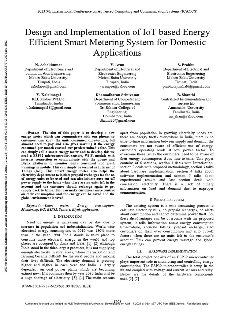 Design and Implementation of IoT Based Energy Efficient Smart Metering System For Domestic ...