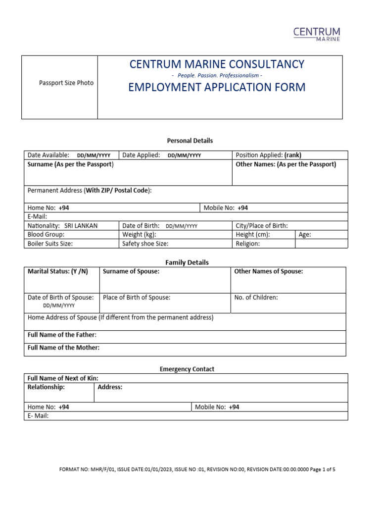 MHR-F-01 - Employment Application Form-Centrum | PDF | Sailor | Navigation