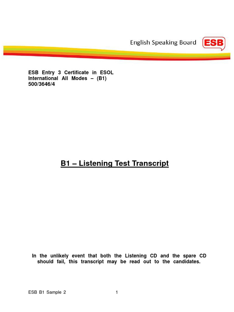 ESB B1 Sample 2 Listening Transcript | PDF