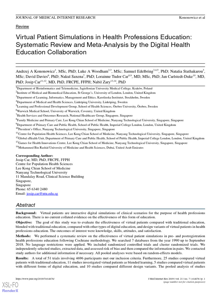 Virtual Patient Simulations in Health Professions Education: Systematic ...