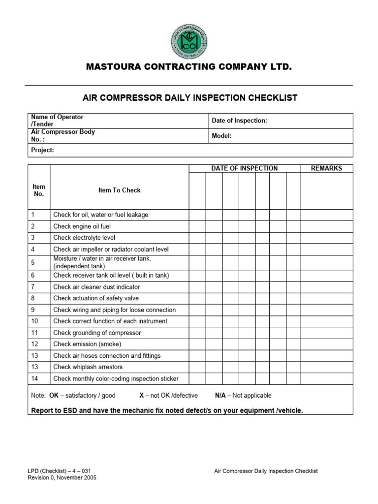 Air Compressor Pre-Start Inspection Daily Checklist | PDF