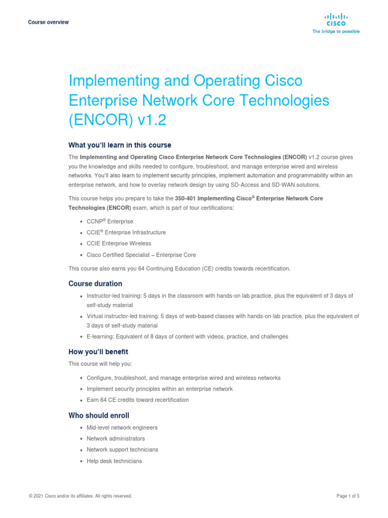 Implementing And Operating Cisco Enterprise Network Core Technologies