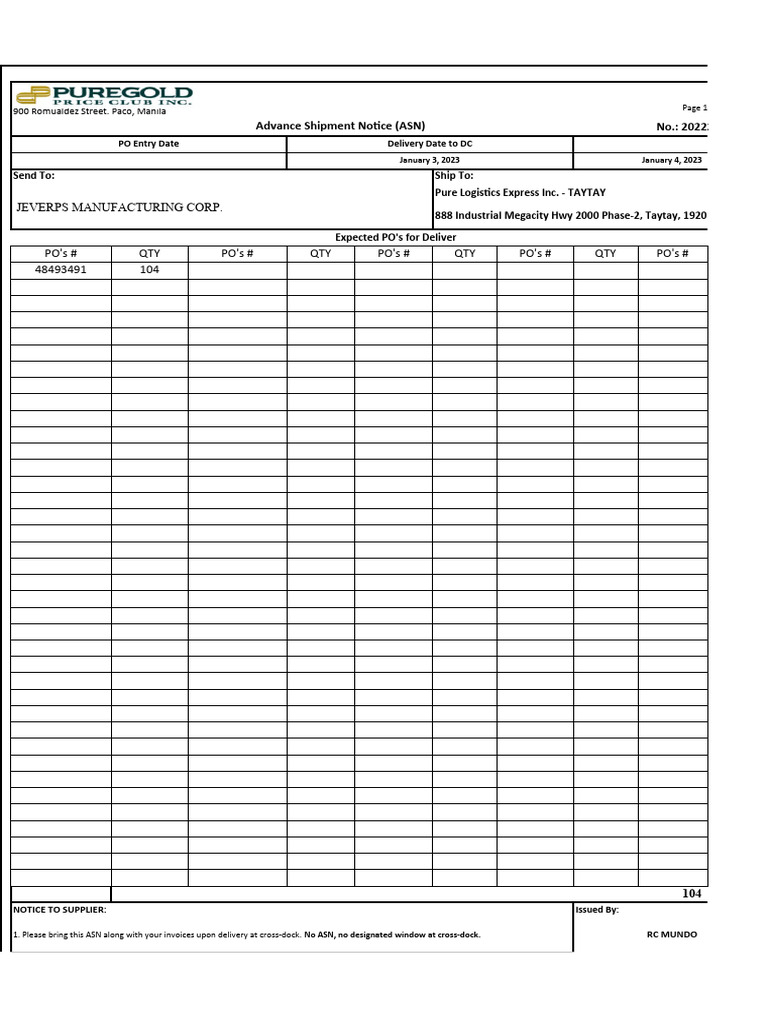 Jeverps Manufacturing Corp. Asn Jan 3 | PDF | Business | Logistics